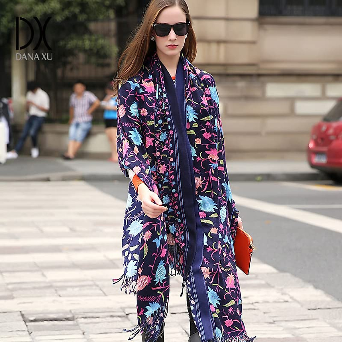 DANA XU 100% Merino Wool Extra Large Pashmina Blanket Travel Scarf Cashmere Wrap for Women Fall Winter Oversize Shawl Floral