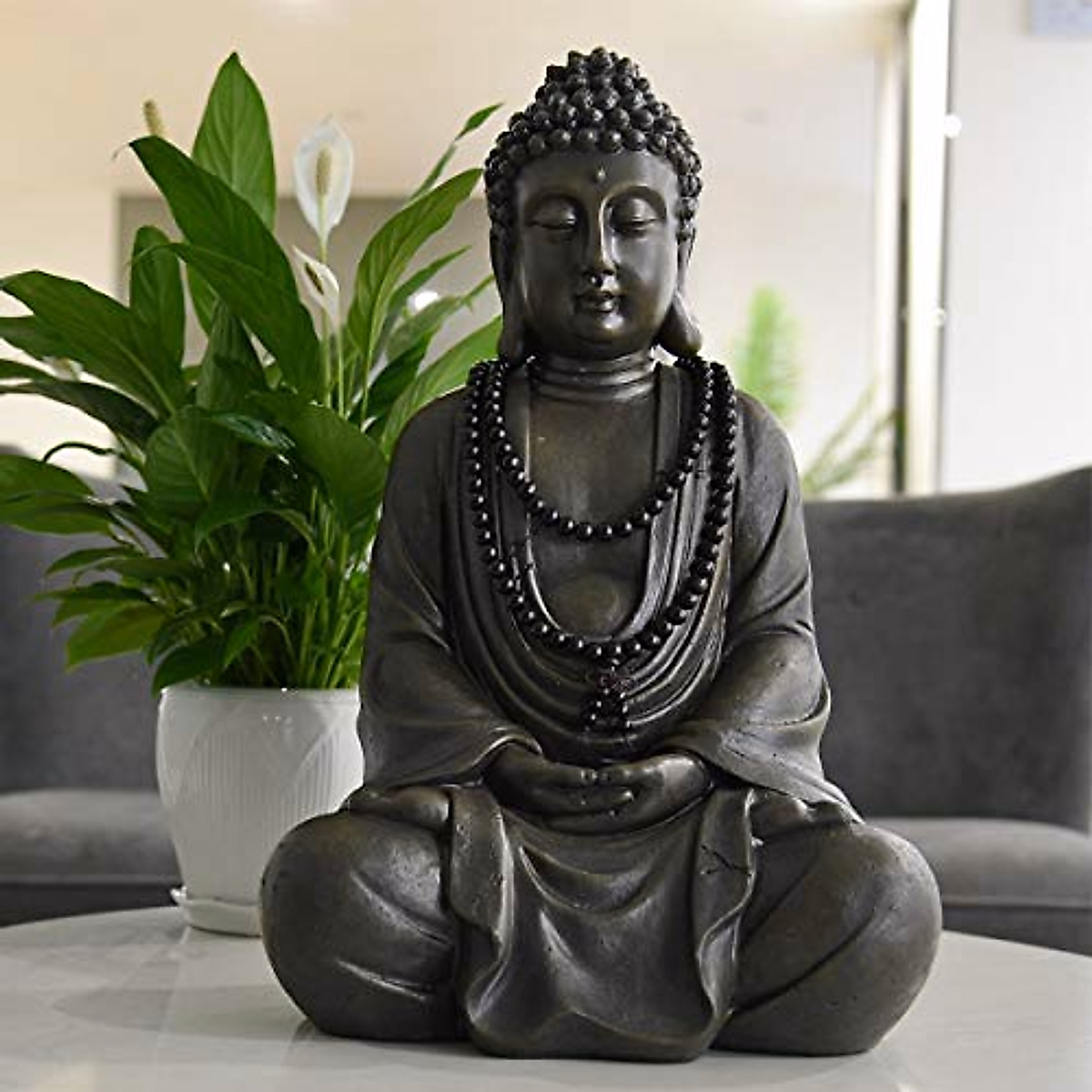 Goodeco 11.4" Meditating Buddha Statue Home Decor - Meditation Gifts for Room/Garden/Patio/Deck/Porch Yard Art Decoration,Buda Statues with Natural Wood Beaded Necklace,Antique Bronze Look