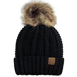 C.C Thick Cable Knit Faux Fuzzy Fur Pom Fleece Lined Skull Cap Cuff Beanie, Black
