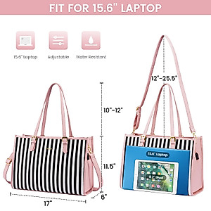 LOVEVOOK Women's Tote Bag - Large Capacity Handbag, Business Briefcase Travel Bag - 2 Pcs Set for 15.6-inch Laptop, Pink-Stripe