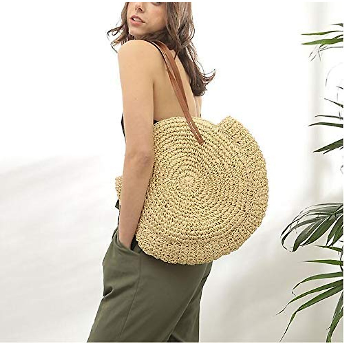 CHIC DIARY Womens Hand-woven Straw Shoulder Bag Large Summer Beach Leather Handles Handbag Tote with Zipper (#02-Beige)