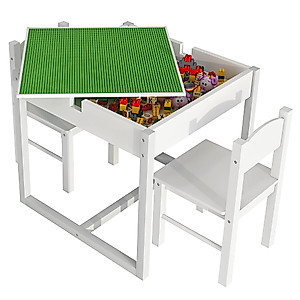 4NM 3 in 1 Kids Table Set for 2, Children Table and Chairs, Toddler Play Activity Table with Hidden Storage Wood Building Block Table Desk for Ages 3-7 - White Green