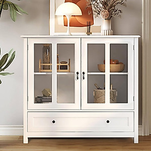 Henf Kitchen Sideboard Buffet Storage Cabinet, Floor Cabinet Cupboard with Double Glass Doors, Free Standing Accent Cabinet with a Drawer and Adjustable Closed Shelf, Perfect for Kitchen Dining Room