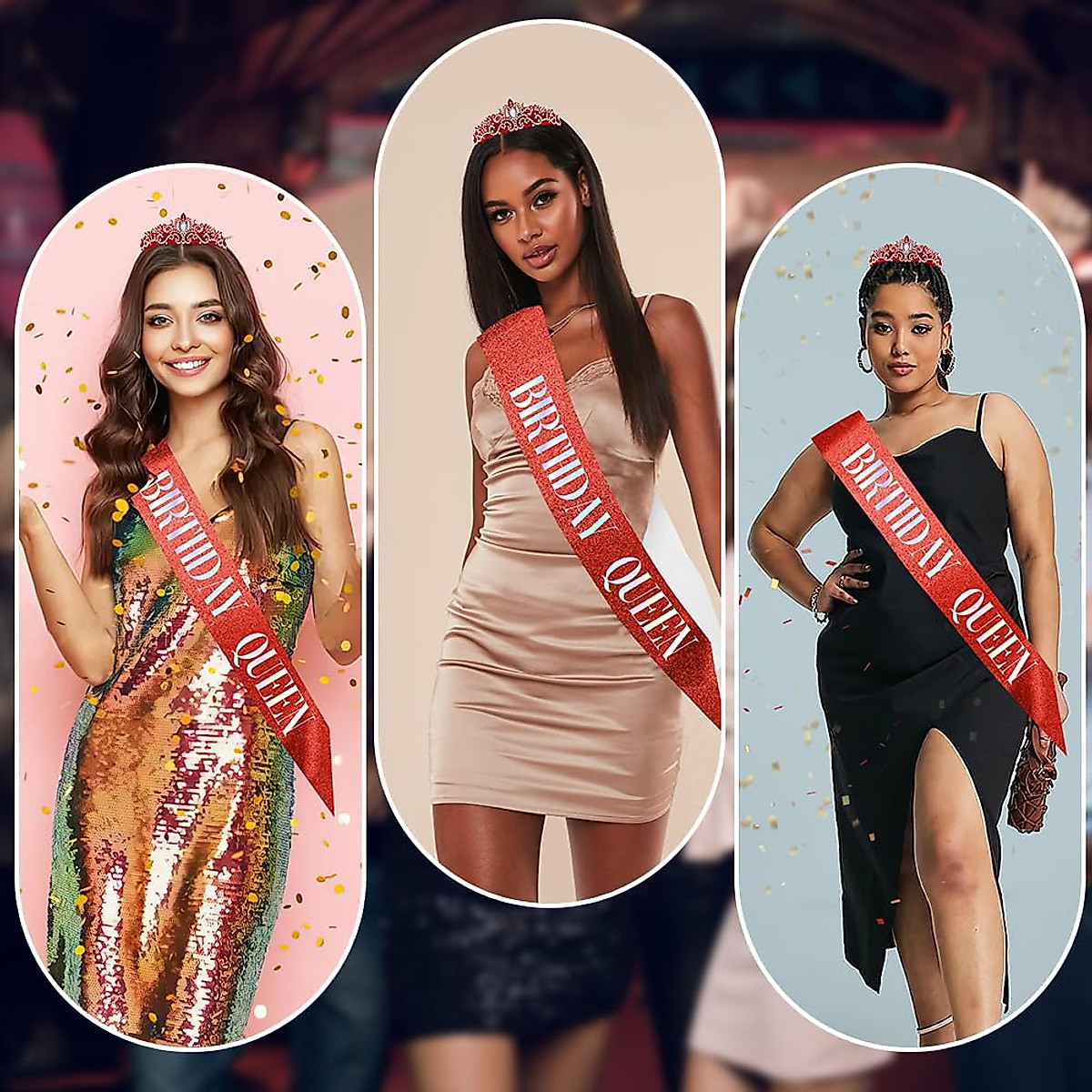 Red Birthday Queen Sash, Tiara and Headband Set - Decorations for Women and Girls