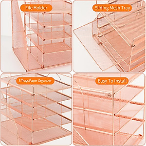 LEKETREE Desk Organizers and Accessories, 5-Tier Paper Letter Tray Organizer with File Holder, Office Supplies for Women, Desk Accessories & Workspace Organizers(Rose Gold)