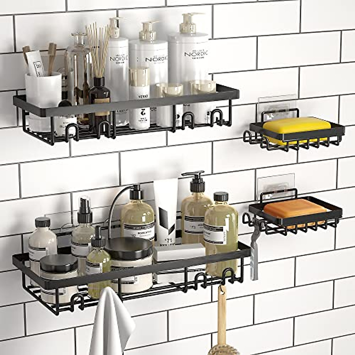 RISETEX Adhesive Shower Caddy,Bathroom Shower Organizer and Soap Dishes with Hooks,No Drilling Traceless Rustproof Bathroom Storage Wall Shower Organizer for Bathroom Toilet Kitchen RVs (Black 4)