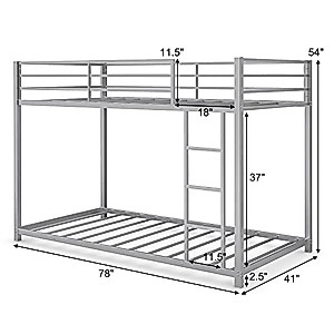 DORTALA Bunk Bed Twin Over Twin, Twin Bunk Beds w/Guardrail & Ladder, Metal Bunk Bed for Dormitory & Multiple-Child Family, Twin Bunk Beds for Toddler, Kids, Silver
