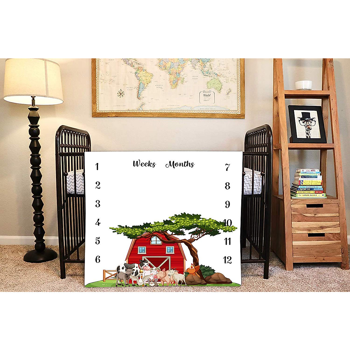 LUCKBTY Farm Animals Baby Monthly Milestone Blankets Soft Forest Red House Memory Blankets Girls Boys Cute Cartoon Photo Background Blankets 48"x48" BTZDLU122