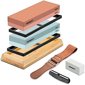 KEENBEST Actual Grit Premium Material Whetstone Set 2 Side Grit 400 1000 3000 8000 Sharpening Stone Professional Kitchen Knife Sharpener Stone Kit Wet Stones Bamboo Base Angle Guide Red