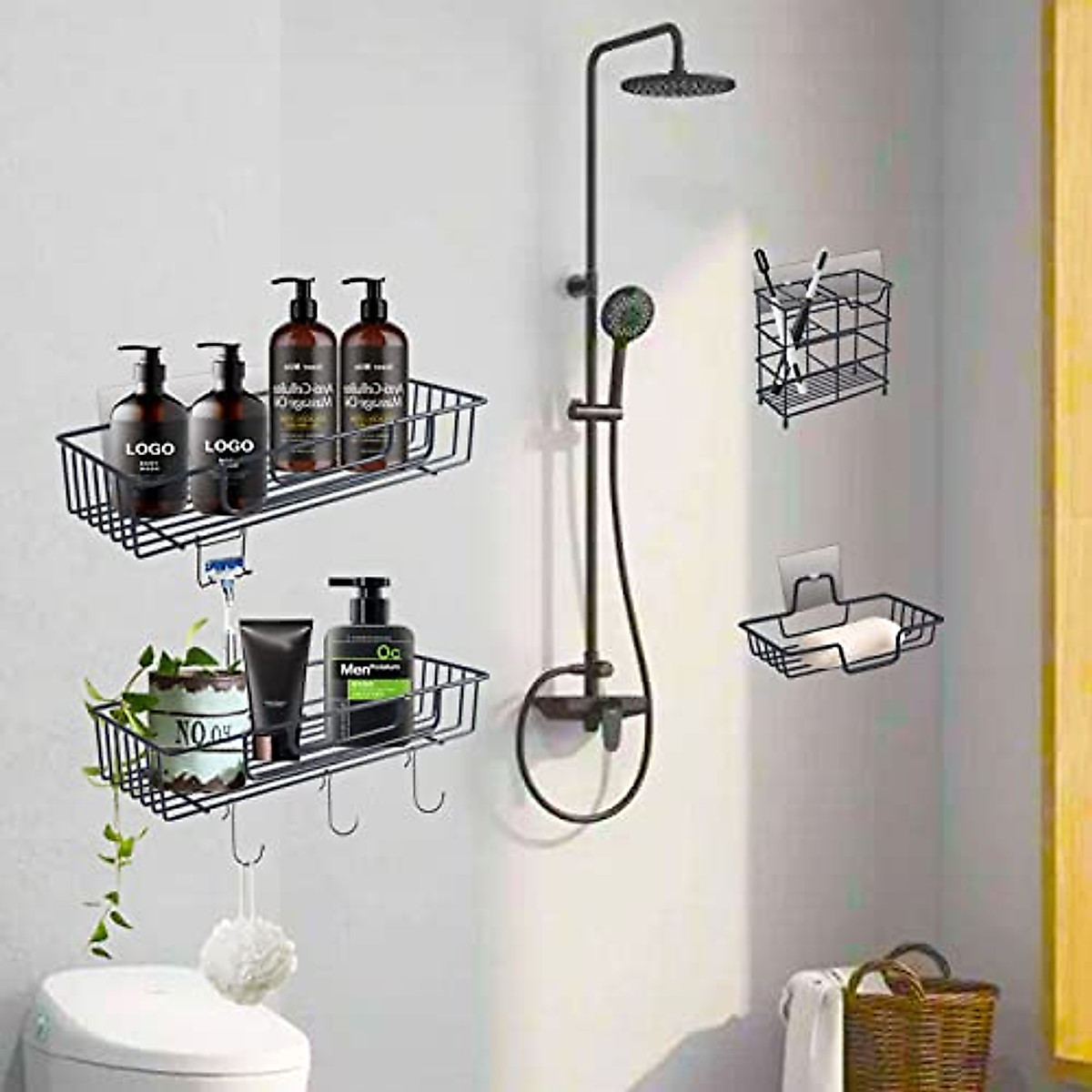 BCJDS Shower Caddy Organizer Shelf With Toothbrush, Soap Holder And 4 Hooks, Rustproof Stainless Steel Hanging Storage Rack 4 Pack For Bathroom Shower Organizer,Kitchen Storage.