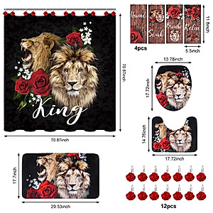 20Pcs Bathroom Sets Rose and Lion Shower Curtain Set with Non-Slip Rugs, Toilet Lid Cover and Bath Mat, 12 Resin Hooks, Bathroom Wall Sign Decor Set