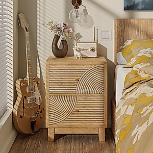 COZAYH 2-Drawer Farmhouse Nightstand, Mid Century Nightstand Fully Assembled with Handcrafted Wood Ring Pattern for Boho, Mid-Century, Rustic Style, Natural Wood