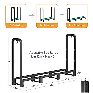 SunyesYo Firewood Rack Outdoor 40in with Waterproof Cover - Heavy Duty Log Rack Indoor Holder, Upgraded Adjustable Fire Wood Racks, Storage Organizer Stand Tool for Fireplace, Black