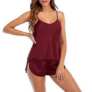 Zando Womens Cami Summer Pajamas Set Shorts Sexy Lingeri Satin Sleepwear Plus Size Lingerie Set Two Piece Sleepwear Satin Shorts Lingerie Set Womens Nightwears Silk PJS Burgundy X-Small