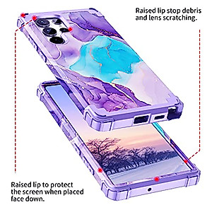 BQQFG for Galalxy S23 Ultra 5G Case,Marble Design Three Layer Heavy Duty Shockproof Hybrid Hard Plastic Bumper Soft Silicone Rubber Drop Protective Cover Case for Galaxy S23 Ultra 5G 6.8",Purple