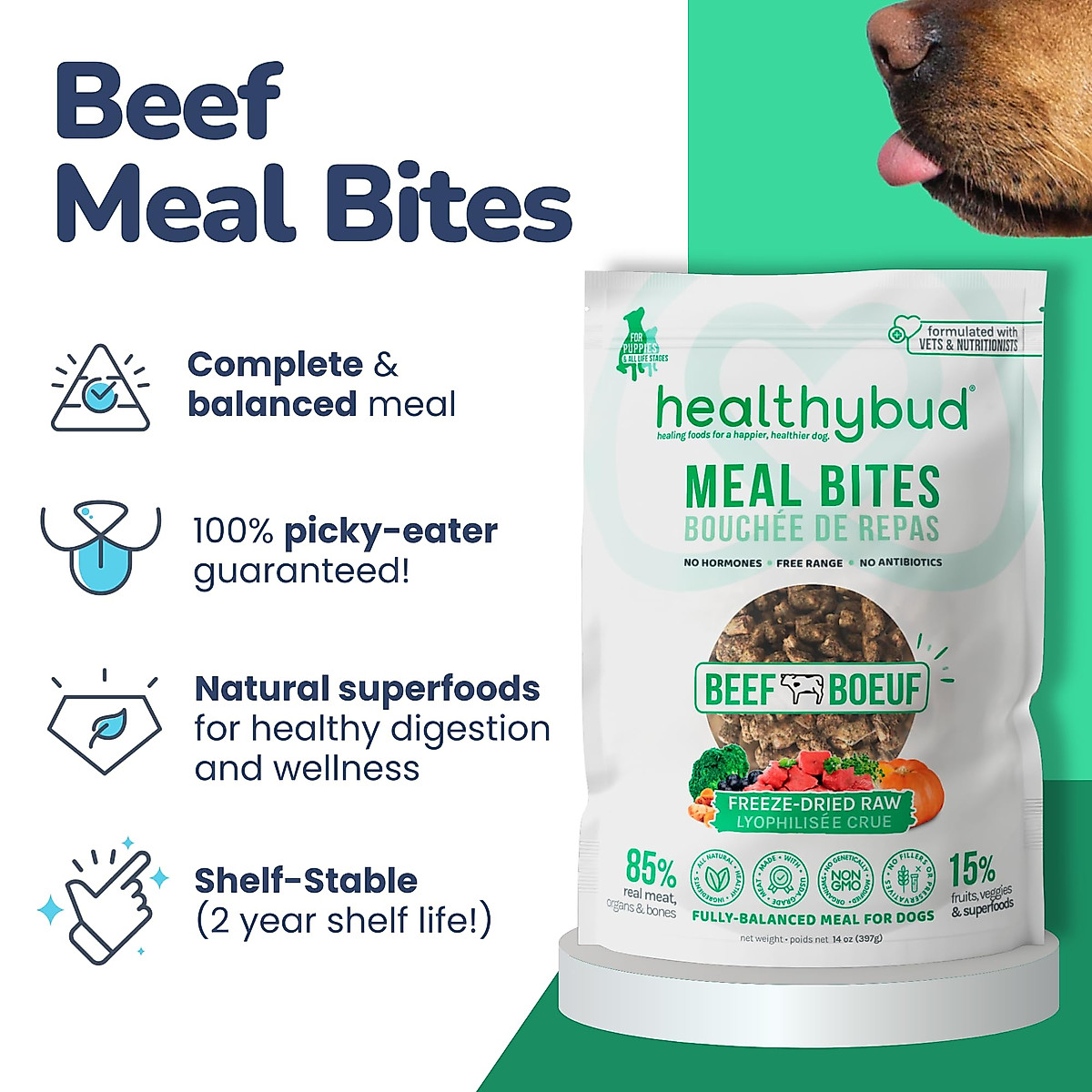 healthybud Raw Dog Food, Freeze Dried Beef Bites, Grain Free Puppy Food, Human Grade, High Protein, Dehydrated Real Meat Dog Treats & Toppers, 14.1 oz