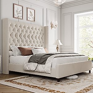 PaPaJet Queen Bed Frame 61.4" Tall Headboard Upholstered Velvet Platform Bed with Handmade Deep Button Tufted/No Box Spring Required/Cream