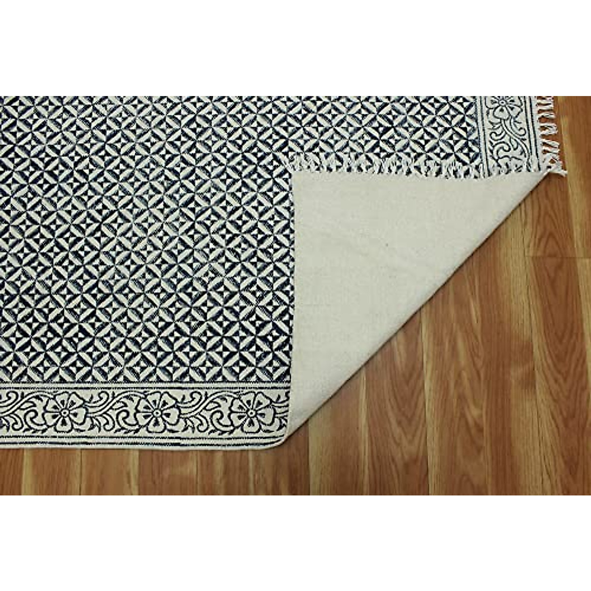 Casavani Hand Made Cotton Dhurrie Floral Blue & Beige Tassel Rug Easy Care Washable Rugs for Doormat Entryway Living Room Bedroom Hallway Balcony 12x15 Feet
