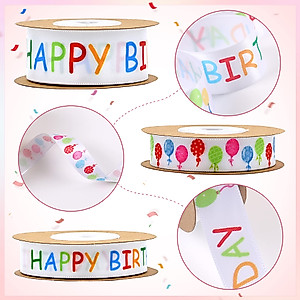 MAMUNU 3 Rolls Happy Birthday Ribbon, 3/5" and 1" Wide Birthday Cake Ribbon White Satin Polyester Ribbon, for DIY Birthday Craft, Gifts Wrapping, Bow Making(30Yds) (3 roll)
