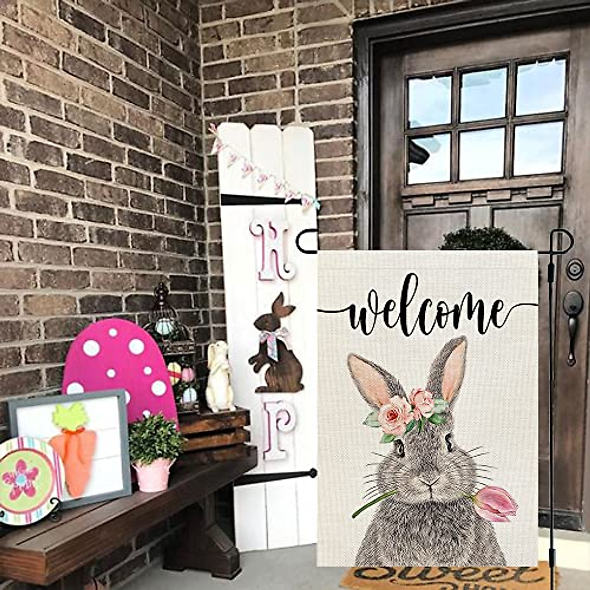 CROWNED BEAUTY Easter Grey Bunny Garden Flag 12x18 Inch Double Sided for Outside Burlap Small Welcome Yard Holiday Flag CF702-12