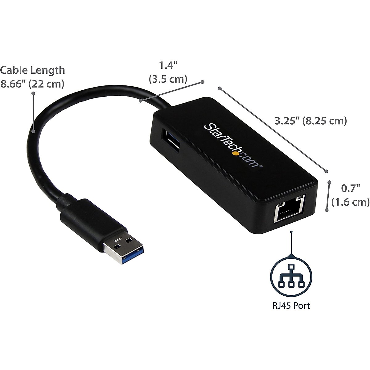 StarTech.com USB 3.0 Ethernet Adapter - USB 3.0 Network Adapter NIC with USB Port - USB to RJ45 - USB Passthrough (USB31000SPTB), Black, 0.7" x 1.4" x 5" x 5"