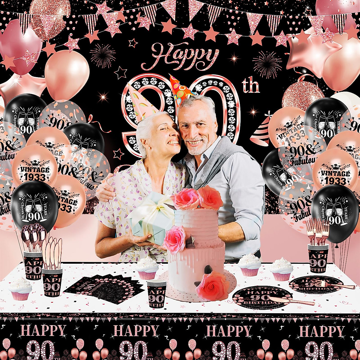Rose Gold 90th Birthday Decorations for Women Men 150 PCS Black Rose Gold 90th Birthday Party Supplies Includes Rose Gold Happy 90th Birthday Banner Balloons Napkins Cups Tablecloth Plates Foil