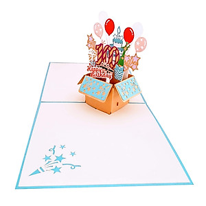 iGifts And Cards Happy 100th Blue Birthday Party Box 3D Pop Up Greeting Card – Someone Turning 100, Hundred, Awesome, Balloons, Unique, Celebration, Feliz Cumpleaños, Fun, Mom, Dad