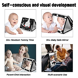 Tummy Time Baby Floor Mirror Toys with Crinkle Cloth Book, Black and White High Contrast Baby Toys, Double Folding Baby Montessori Toys Crawling Activity Mat Floor Mirror for Infants 3 6 12 Months