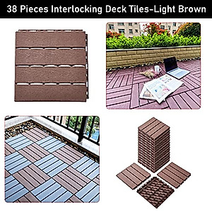 Botabay Plastic Interlocking Deck Tiles, 38 Pack Patio Deck Tiles, 12"x12" Wood Plastic Composite Waterproof Outdoor Patio Floor Decking Tiles, for Porch Poolside Balcony Backyard, Brown