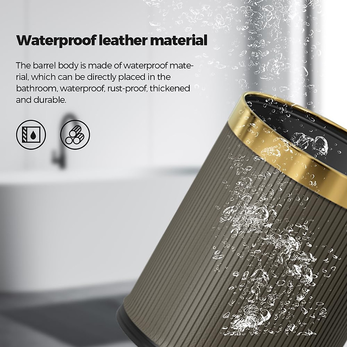 10L/2.6GAL Bathroom trash can without lid,Metal Waste Bin with Leather Cover,Open Top Office Wastebasket, Round Garbage Can for Bathrooms, Powder Rooms, Kitchens, Home, Office and and High-End Hotel