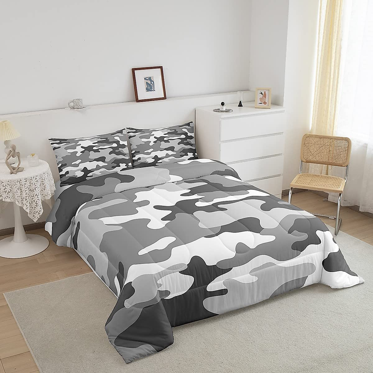 Homewish Boys Kids Camouflage Comforter Set Twin Size Black White Grey Bedding Set 2pcs for Teens Men Bedroom Decor Army Camo Abstract Quilt Set Modern Duvet Insert with 1 Pillowcase