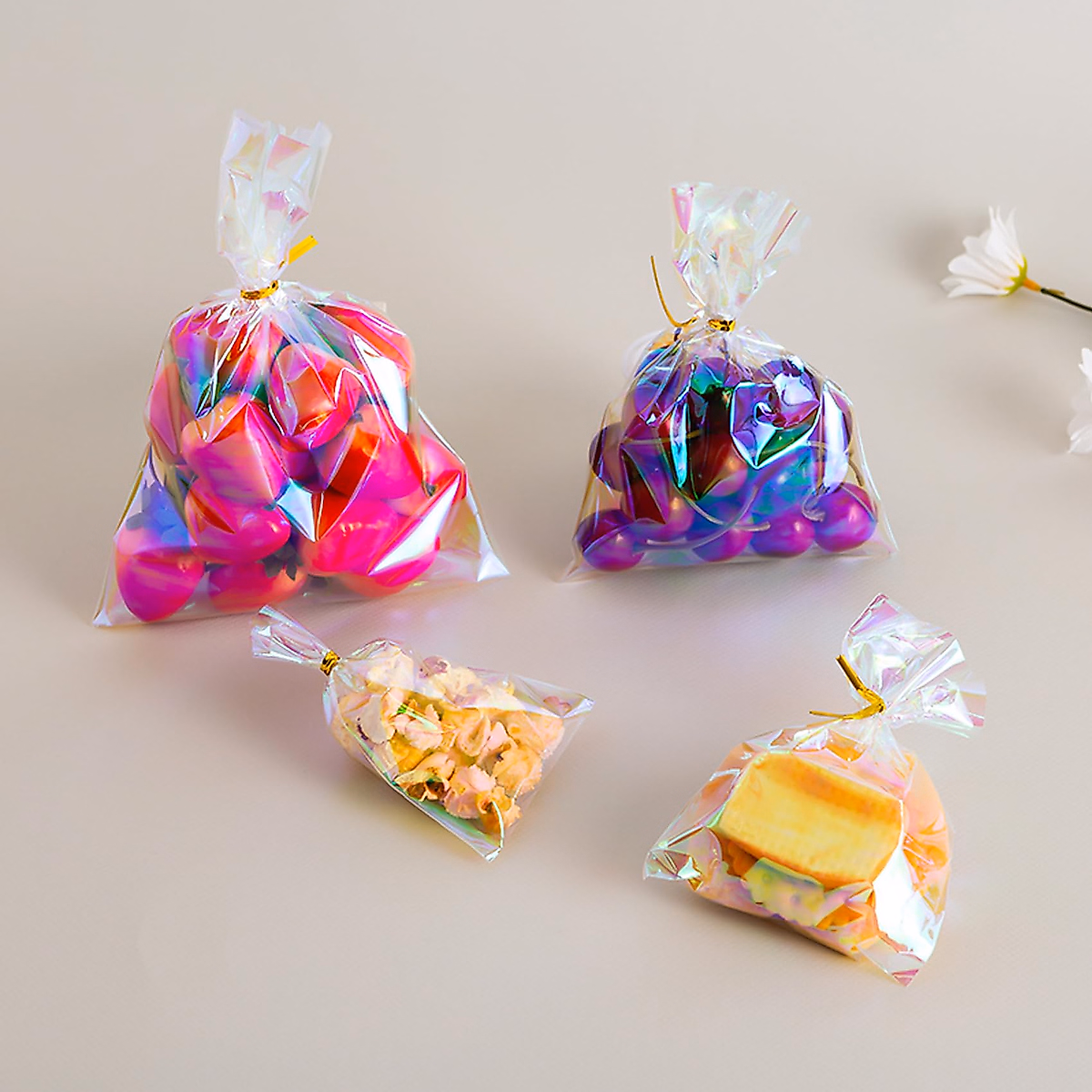 Morepack Easter Iridescent Holographic Cellophane Bags,6x9 Inch 100 Pcs Party Favor Treat Bags with 5 Colors Twist Ties for Baby Showers Weddings Birthday Party