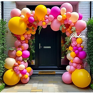 Pink Yellow Balloon Garland Hot Pink Matte Orange Pastel Purple Yellow Double Stuffed Lavender Balloon Arch Kit Latex Party for Baby Shower Birthday Wedding Flamingo Party