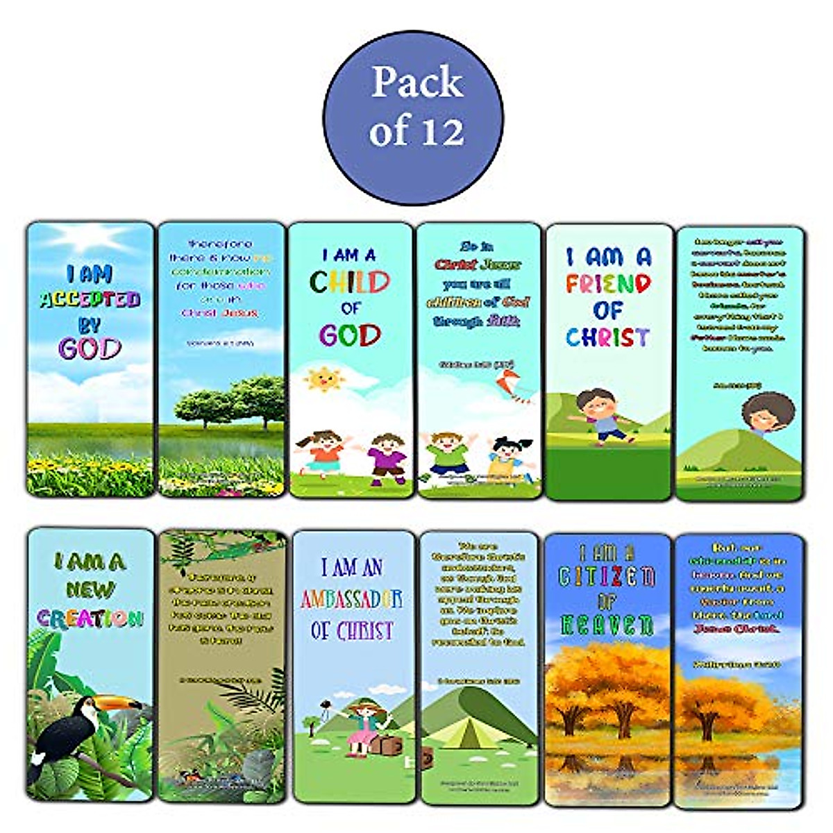 Christian Bookmarks for Kids - Identity in Christ (12 Pack) - Collection of Inspirational Bible Verses About Being Christlike - Church Memory Verse Sunday School Rewards - Christian Stocking Stuffers