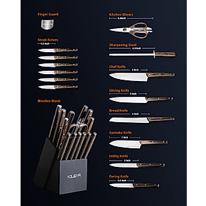 YOLEYA Kitchen Knife Set, 15PCS Chef Knife Sets for Kitchen with Block Wooden Triple Rivets German High Carbon Stainless Classic Style Full Tang