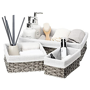 FairyHaus Wicker Baskets for Organizing 3 Pack, Waterproof Small Wicker Storage Basket for Shelves Rectangle, Nesting Lined Grey Wicker Basket