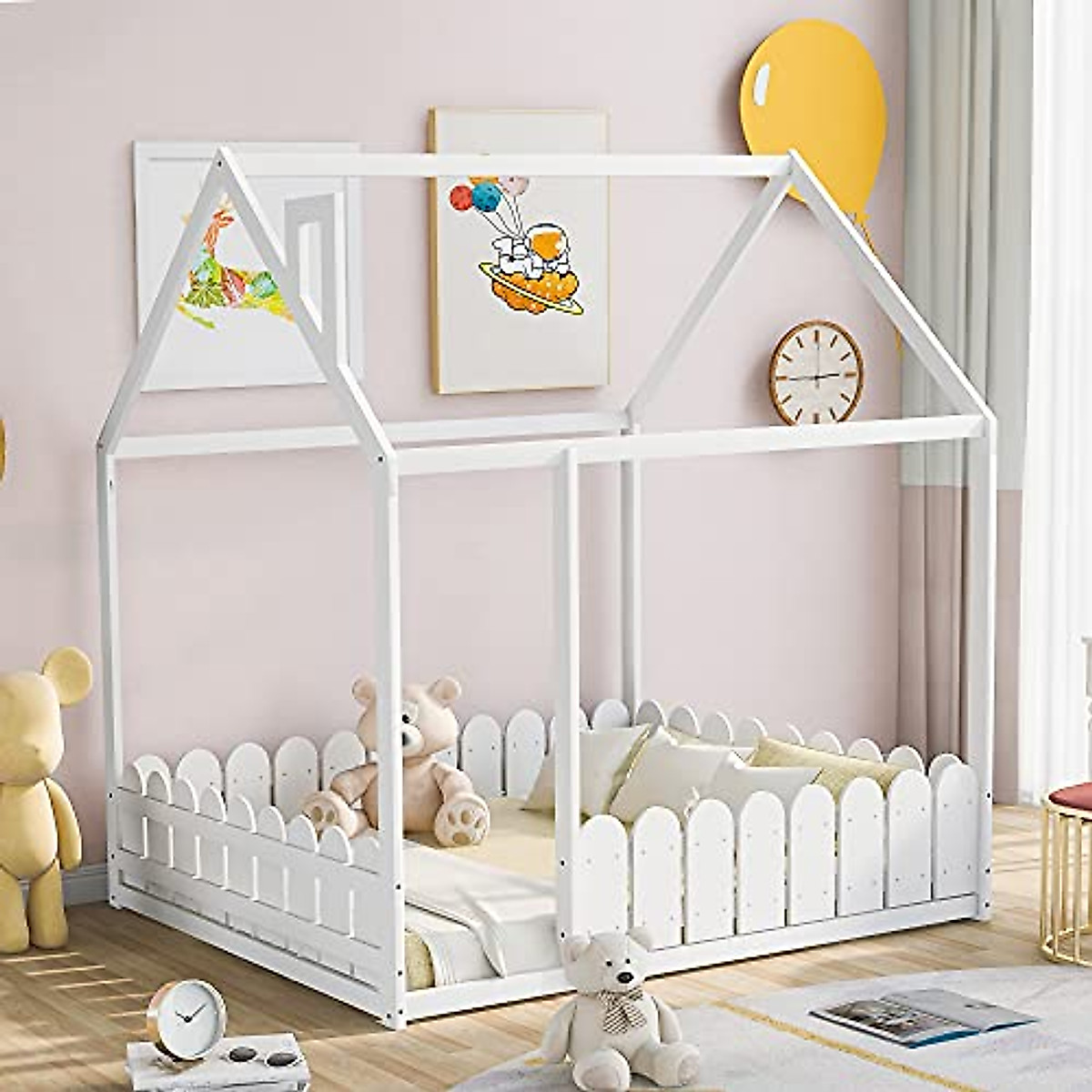 Merax Wooden House Bed with Fence-Shaped Guardrail Montessori Bed Frame for Kids, Toddlers, Girls, Boys (Full,White)