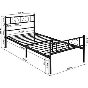 Twin Bed Frames Black for Boys Teenagers Adult, Single Platform Steel Bed Frame with Storage Girls Twin Size Beds Mattress Foundation Metal Slats Support with Headboard Footboard No Box Spring Needed