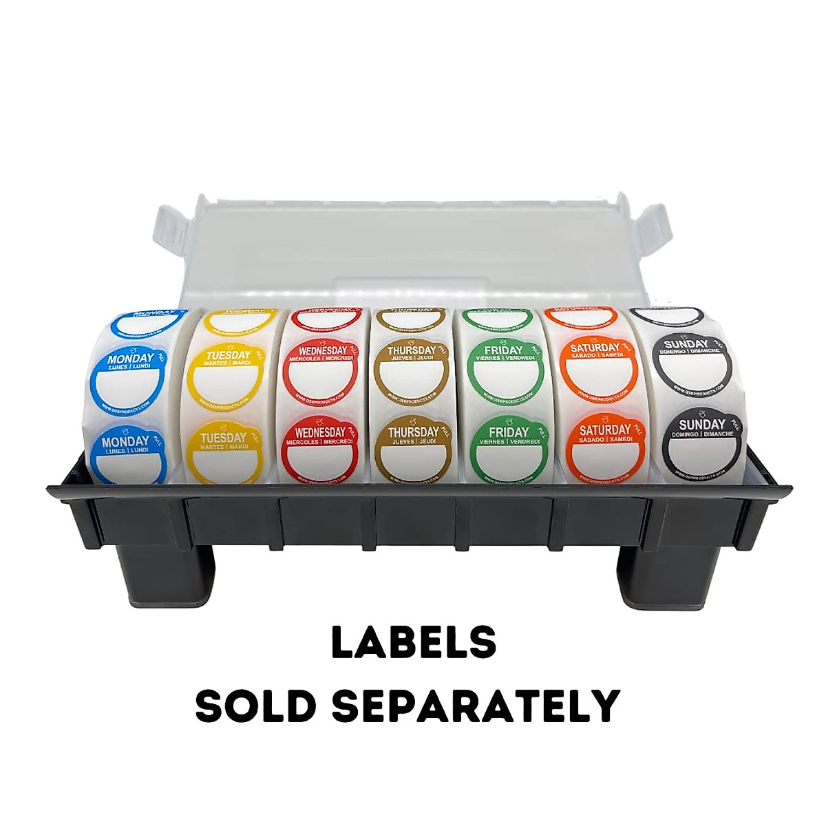 QSRProducts 7-Slot Day of The Week Covered Label Dispenser (for 3/4" or 1" Labels) - Food Sticker Holder for Inventory Management and Meal Prep, Protects Labels Inside
