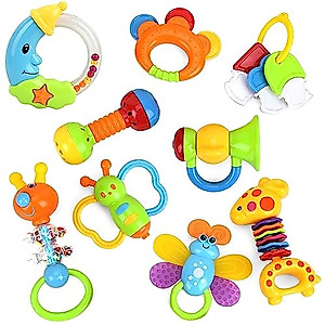 Aomola 9 PCS Baby Rattles Toys Set, Infant Teether and Shaker Rattles Toy, Baby Newborn Gift Set for Hand Development Early Educational Toys for 0+, 3, 6, 9, 12 Month Newborn Toddler