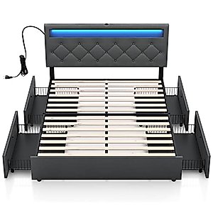 Rolanstar Bed Frame Queen Size with LED Lights and USB Ports, Upholstered Bed with Adjustable Headboard and 4 Drawers, No Box Spring Needed, Easy Assembly, Dark Grey
