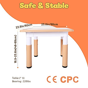 FUNLIO Adjustable Kids Table, 3 Level Height Adjustable Toddler Table for Ages 3-8, Easy to Wipe Arts & Crafts Child Table, for Classrooms/Daycares/Homes, CPC & CE Approved, 23.6 x 23.6inch - Natural