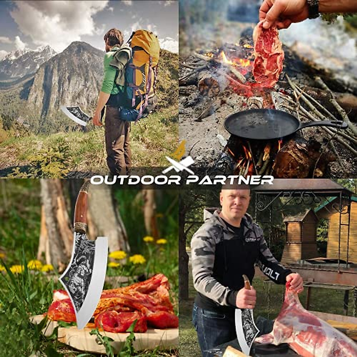 Golden Bird Meat Cleaver Knife with Sheath Hand Forged Tiger Cleaver Heavy Duty Bone Chopper Outdoor Camping Knife Butcher Knife for Meat Cutting