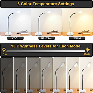 DLLT Dimmable LED Desk Lamp with 3 Light Modes, Eye-Caring Reading Light with Touch Control and 360°Flexible Neck, Bedside Nightstand Lamp for Study Office Bedroom, USB Cable Adapter, White
