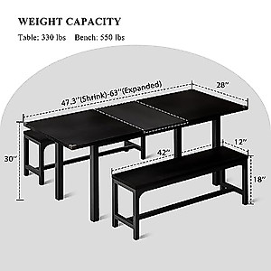 iPormis 3-Piece Dining Table Set for 4-8, 63" Extendable Kitchen Table with 2 Benches, Dining Room Table Set with Metal Frame & Wooden Board, Easy Clean, Black