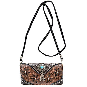 Western Feather Tooled Leather Floral Laser Cut Flower Purse Studs Single Shoulder Bag Clutch Women Trifold Wristlets Wallet (Coffee)