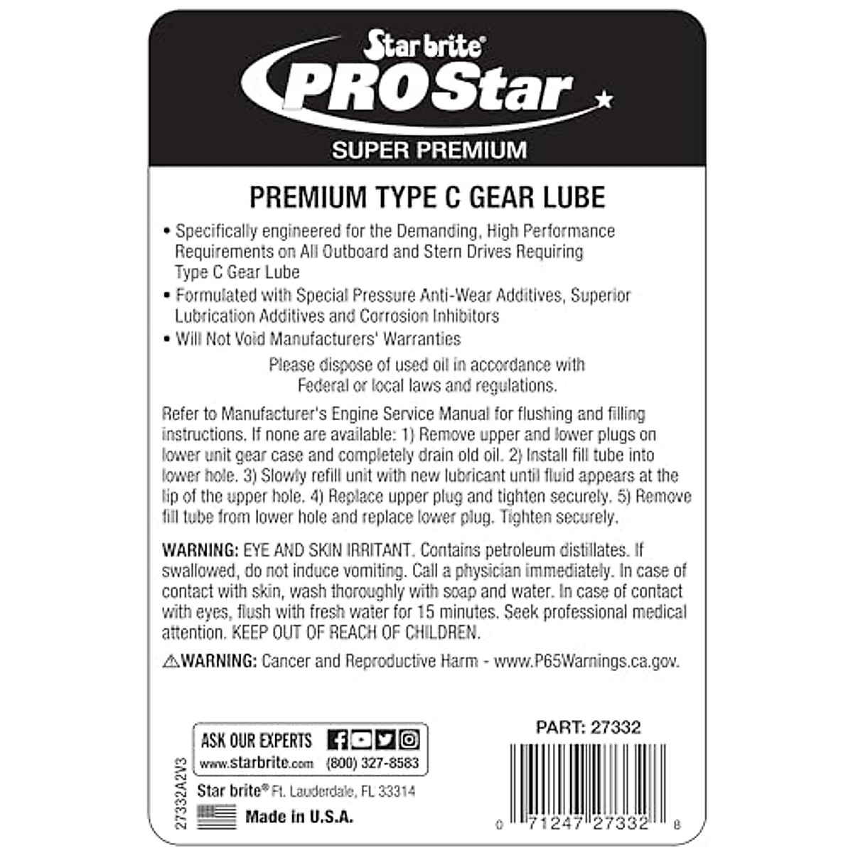 STAR BRITE PRO Star Premium Type C Lower Unit Gear Lube - High Performance Lubricant for Johnson, Evinrude, OMC Outboards & Sterndrives - 32 OZ (027332)