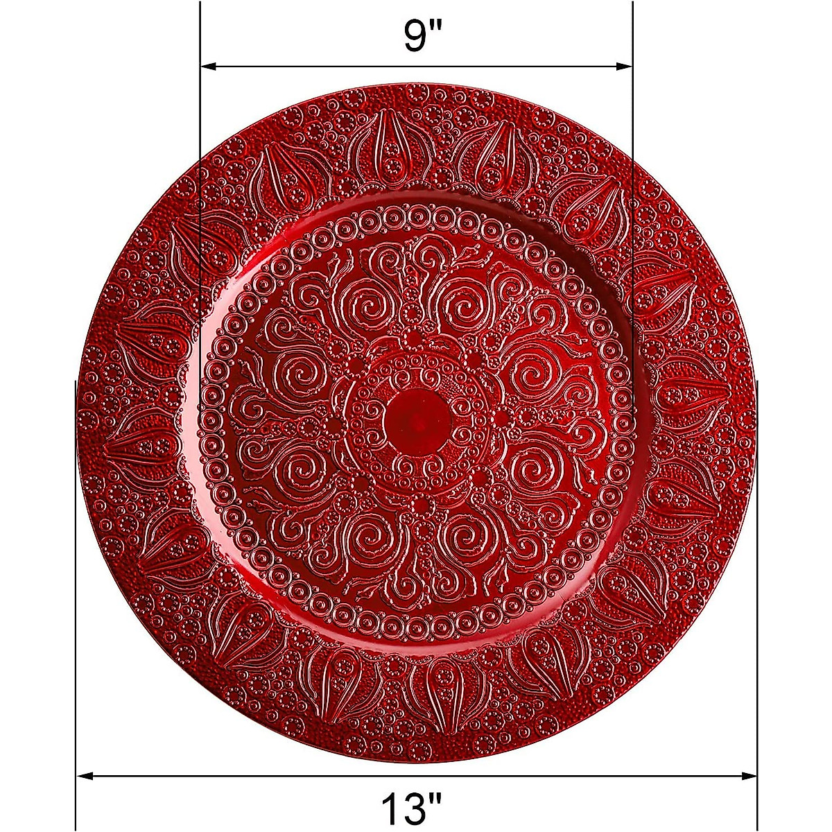 Hacaroa Set of 12 Plastic Round Charger Plates, 13 Inch Red Chargers for Dinner Plates, Antique Wedding Chargers for Table Setting, Holiday, Catering Event, Embossed Patterns