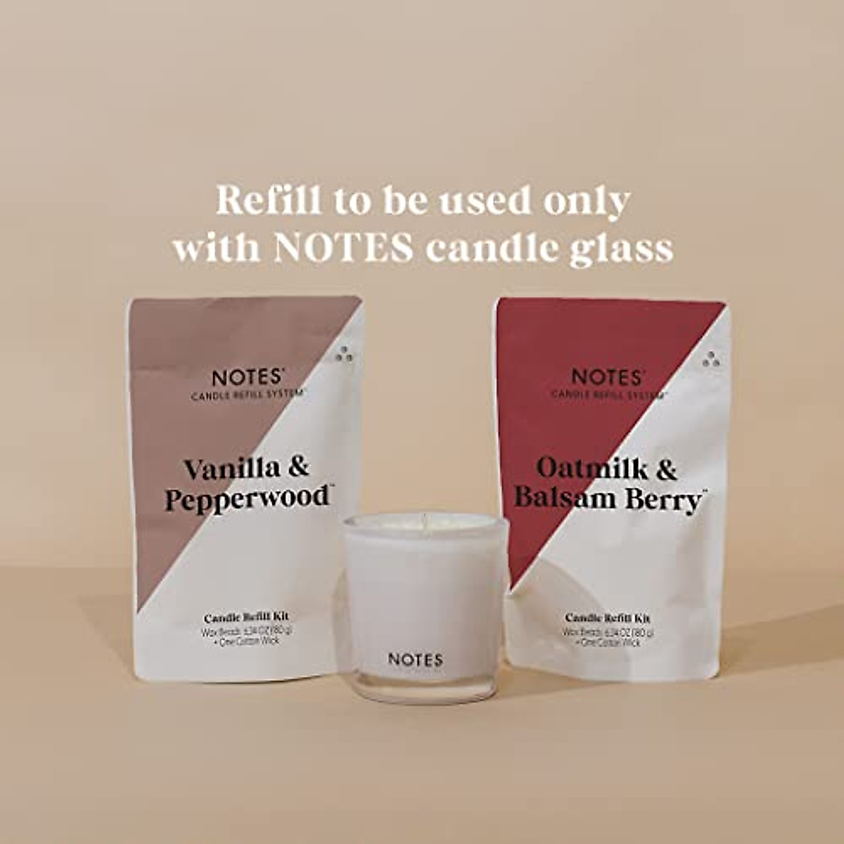 NOTES Sustainable Candle Refill Kit | Non-Toxic Fragrance, Natural Wax, Wick, Reusable Clean Out Disk, and a refillable Vessel-eco-Friendly-Oatmilk & Balsam Berry + Vanilla & Pepperwood