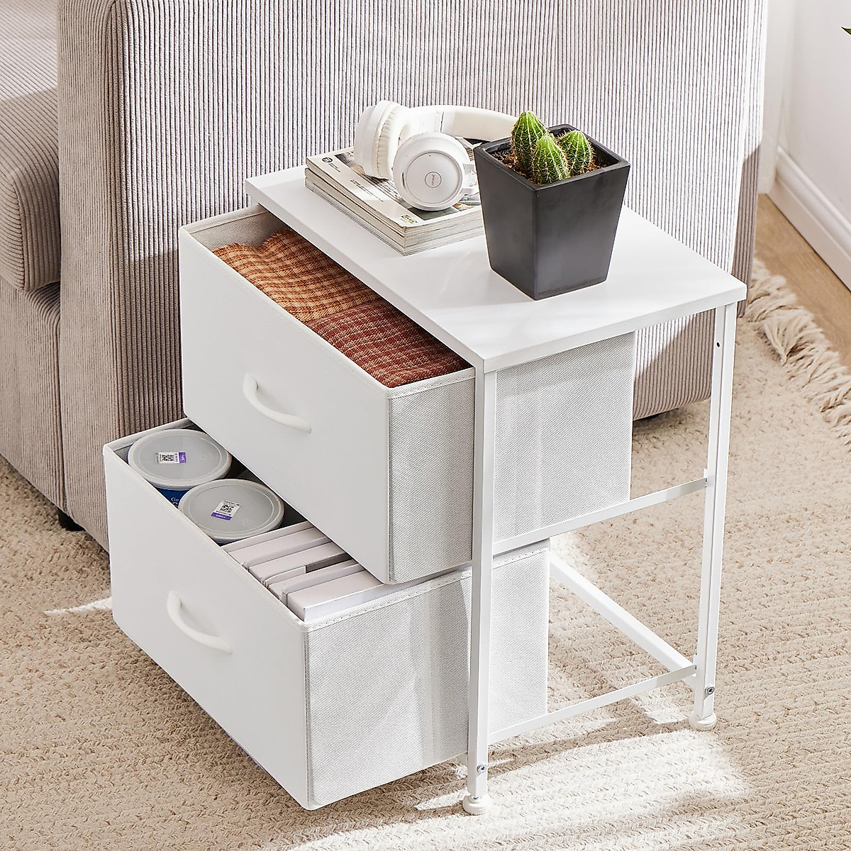 Sweetcrispy Nightstand Set of 2 with 2 Storage Drawers, 20" Height Small Bed Side Furniture End Table, Wooden Top Fabric Cabinet Kids Mini Dresser for Bedroom, Closet, Entryway, College Dorm